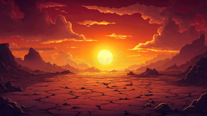 Pixelated Sunset Over Rocky Desert Landscape Stock Illustration ...