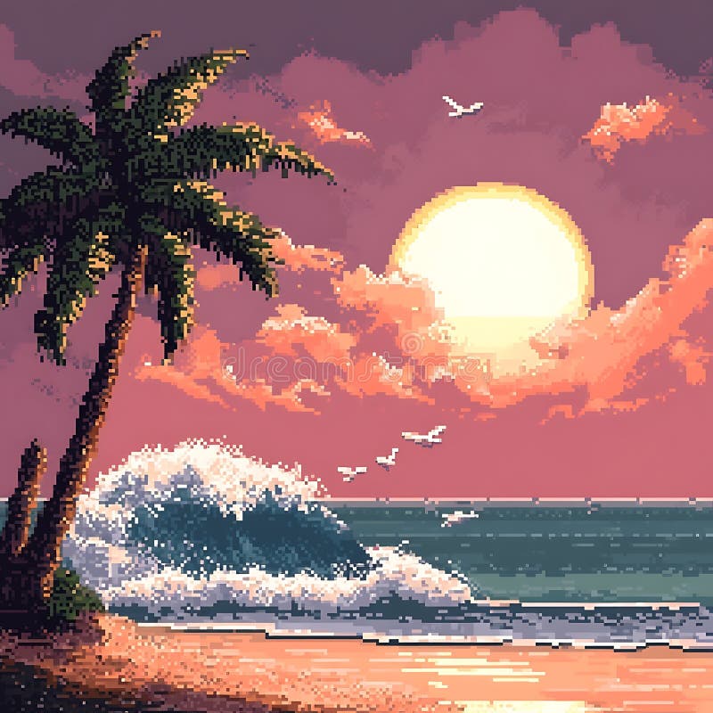 Pixelated Sunset Over Tropical Beach with Palm Tree and Waves Stock ...
