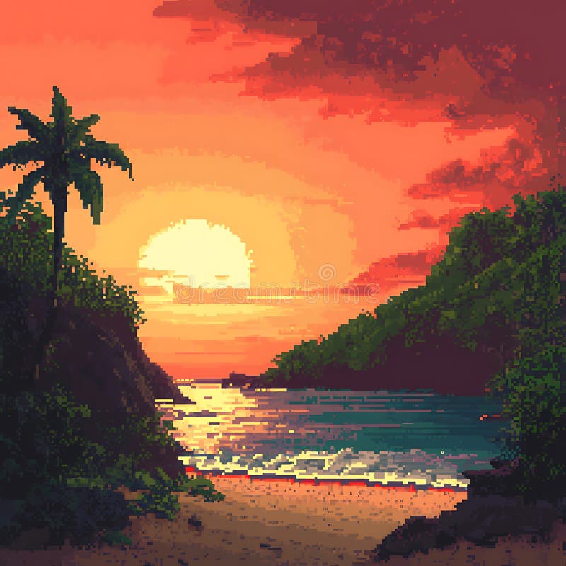 Pixelated Sunset on a Tropical Beach Stock Illustration - Illustration ...