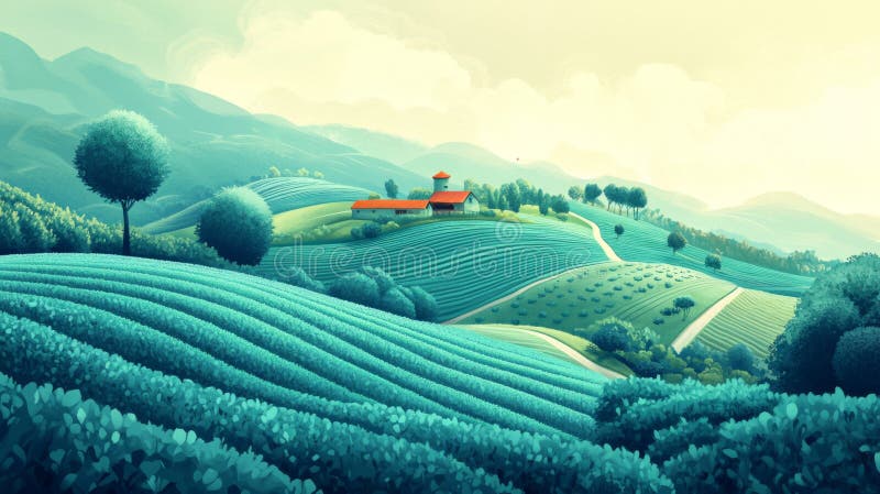 Pixelated Teal Hills Landscape with Farmland Stock Illustration ...