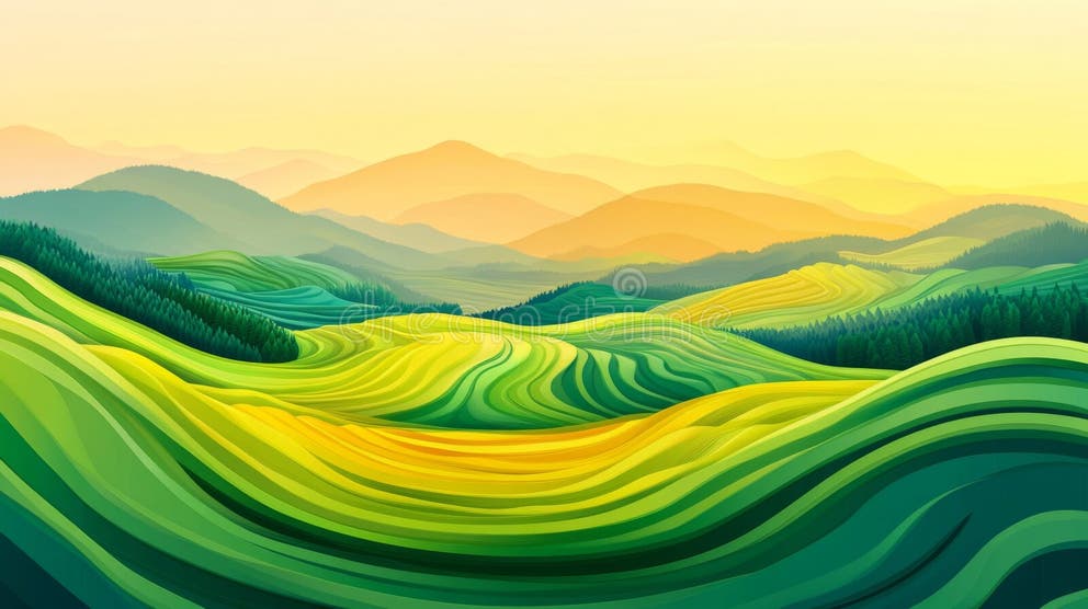 Pixelated Terraced Fields and Mountains at Sunrise Stock Illustration ...