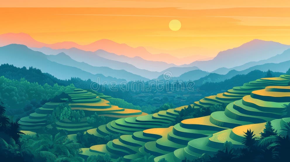 Pixelated Terraced Fields at Sunset Stock Illustration - Illustration ...