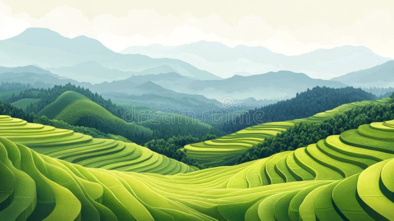 Pixelated Terraced Rice Paddies in Asian Landscape Stock Illustration ...