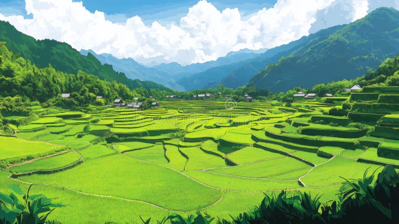 Pixelated Terraced Rice Paddies in Lush Valley Stock Illustration ...