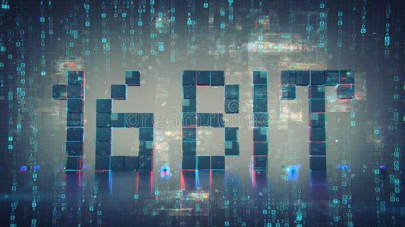 Pixelated Text 16 Bit and Computer Data Stream 3D Rendering ...