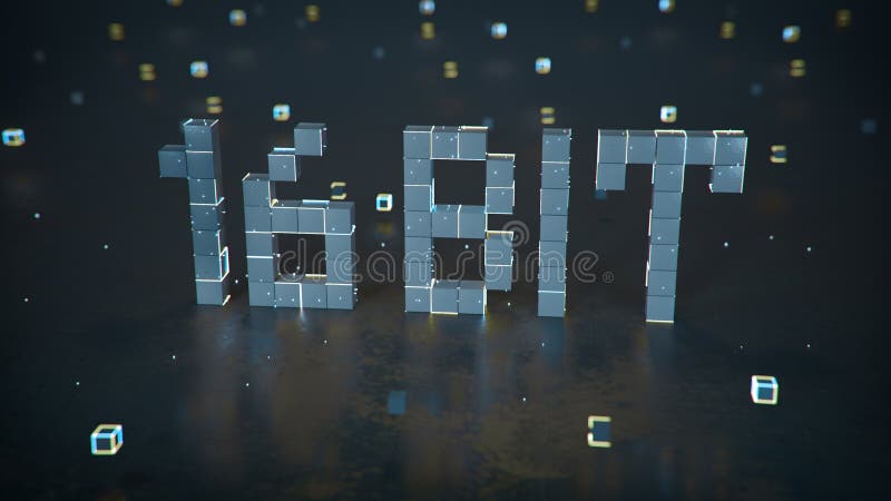 Pixelated Text 16 Bit on Reflective Floor 3D Render Illustration Stock ...