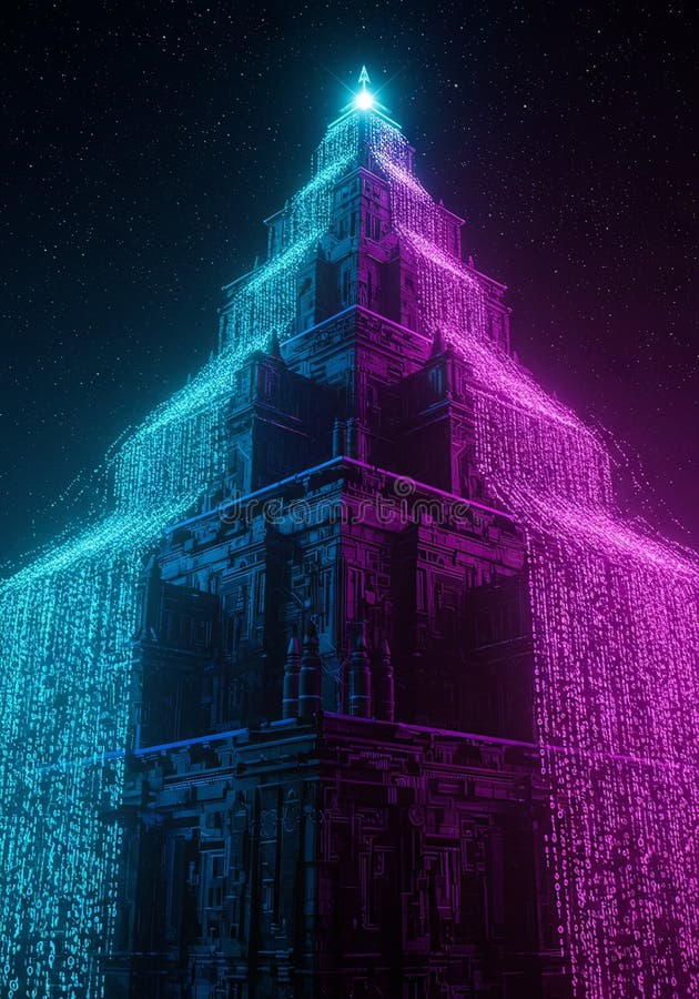 Pixelated Tower at Night with Glowing Blue and Purple Lights Stock ...