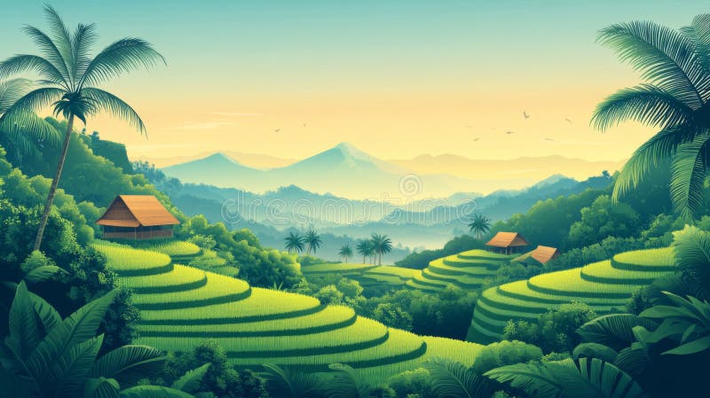 Pixelated Tropical Rice Terraces at Sunrise Stock Illustration ...