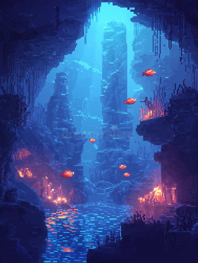 Pixelated Underwater Cave Filled with Glowing Elements and Blocky ...