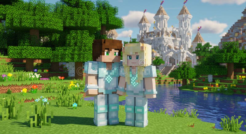 Pixelated Video Game Scene Featuring Two Blocky Characters in Light ...