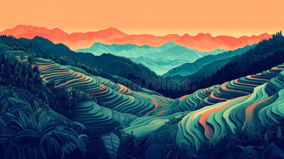 Pixelated View of Asian Terraced Rice Fields Stock Illustration ...