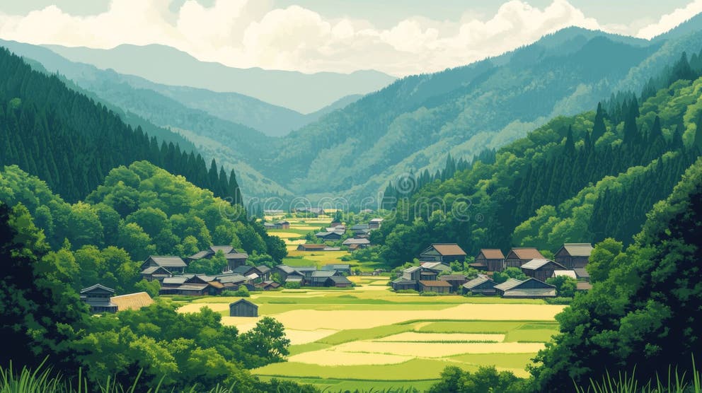 Pixelated View of a Japanese Rural Valley Stock Illustration ...