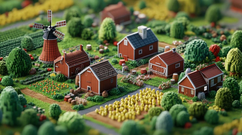 Pixelated Village Landscape with Windmill Stock Illustration ...