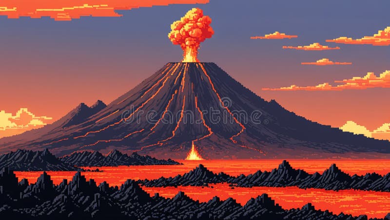 Pixelated Volcano Majesty Abstract Art of Fiery Terrain Stock ...