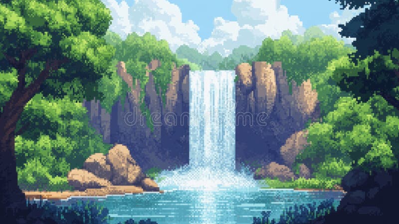 Pixelated Waterfall with Clear Water Surrounded by Lush Green Trees ...