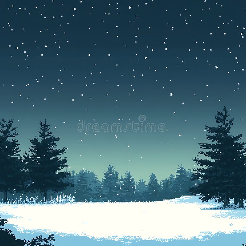 Pixelated Winter Forest Night Landscape with Snowfall Stock ...