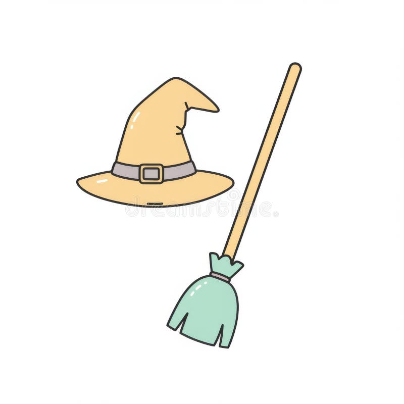 Pixelated Witch Hat with Buckle and Mint Broomstick on White Background ...