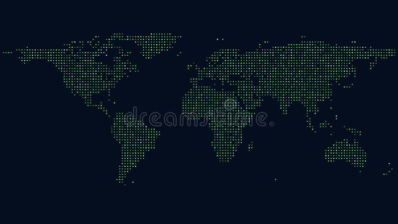 Pixelated World Map a Green Grid of Locations in Black and White Stock ...