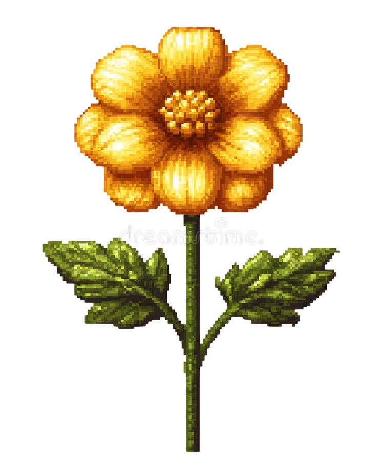 A Pixelated Yellow Flower with a Green Leaf, Isolated on a Transparent ...