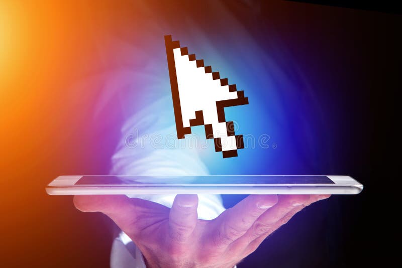 Pixeled Black and White Mouse Pointer Displayed on a Futuristic Stock ...
