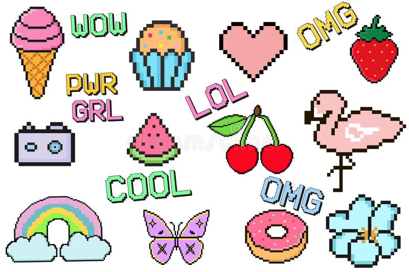 Pixeled Summer Stickers Set in Trendy Retro Pixel Art Design Style ...