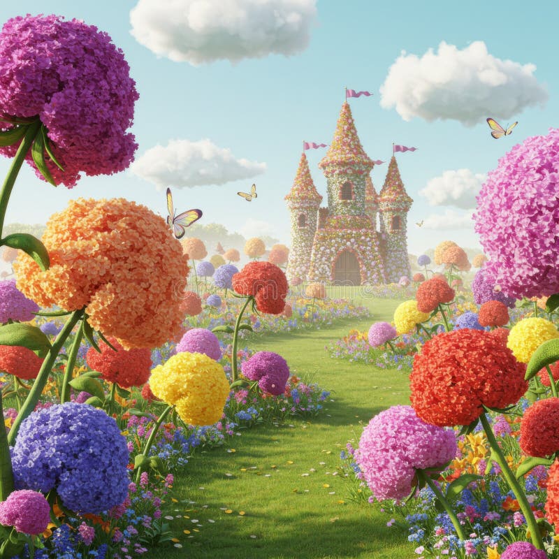 Pixelized Fantasy Castle Amidst Vibrant Flower Field Stock Illustration ...
