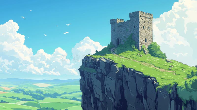 Pixelized Stone Castle on a Green Hilltop Stock Illustration ...