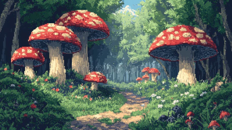 Pixilated Forest Path with Mushrooms Stock Illustration - Illustration of journey, plants: 386347535