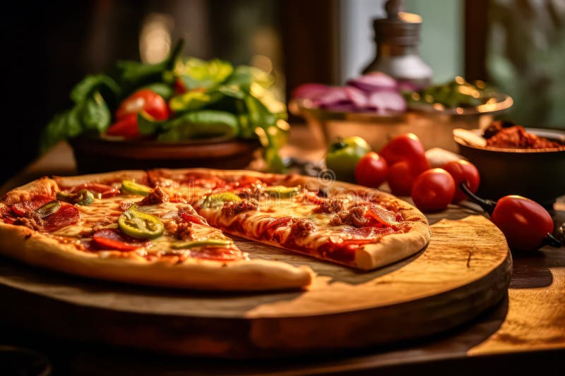 A Pizza Adorned with Olives and Savory Meat, Presented on a Table ...