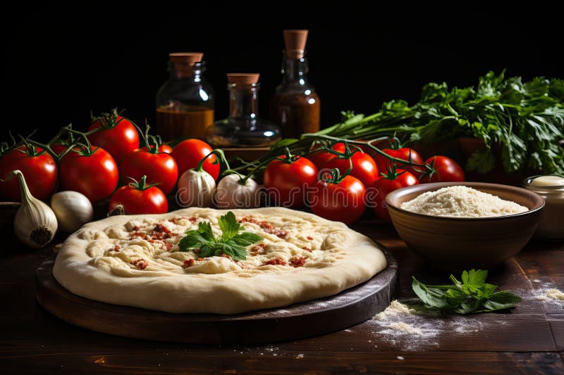 Pizza Art, the Process of Making, Raw Dough for Pizza with Ingredients ...