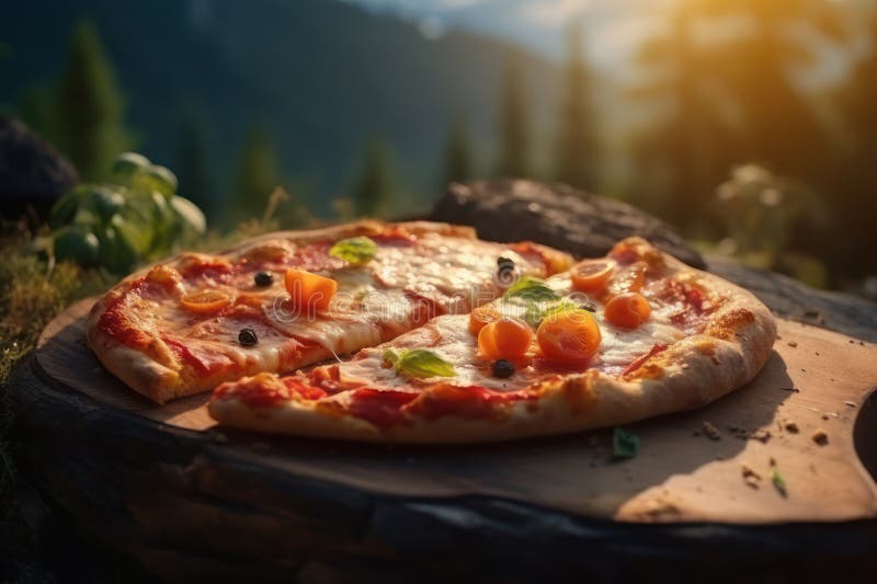 Pizza on the Background of the Forest and Mountains. AI Generative ...