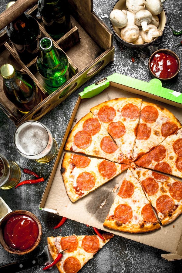 Pizza Background. Pepperoni with Beer Stock Photo - Image of portion ...