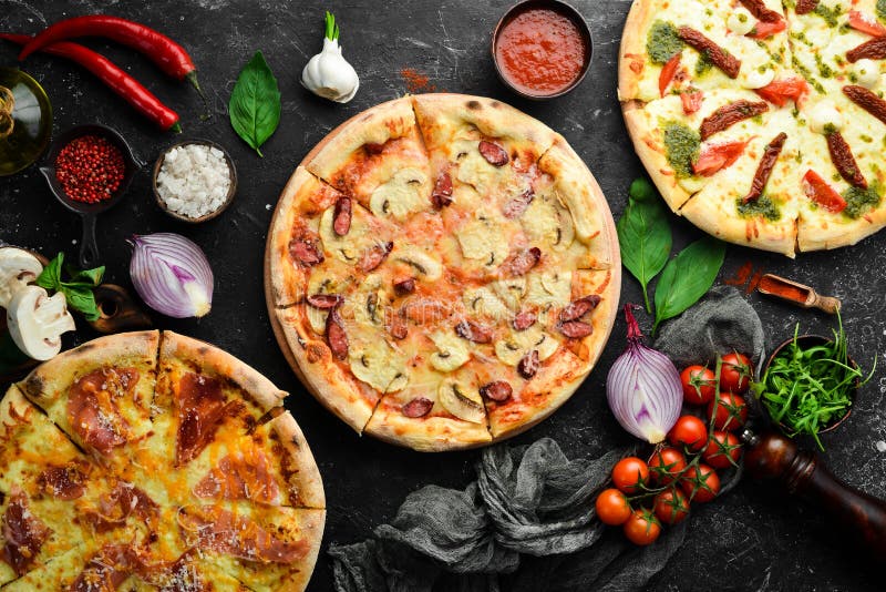 Pizza Background. Set of Delicious Homemade Pizzas Stock Image - Image ...