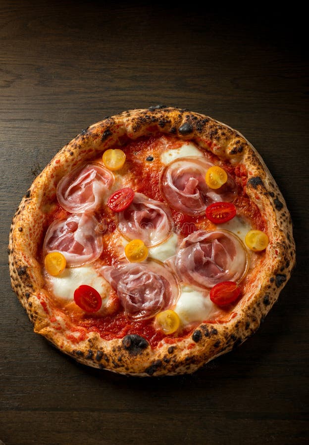 Pizza with Bacon Tomatoes and Buffalo Mozzarella Stock Image - Image of ...