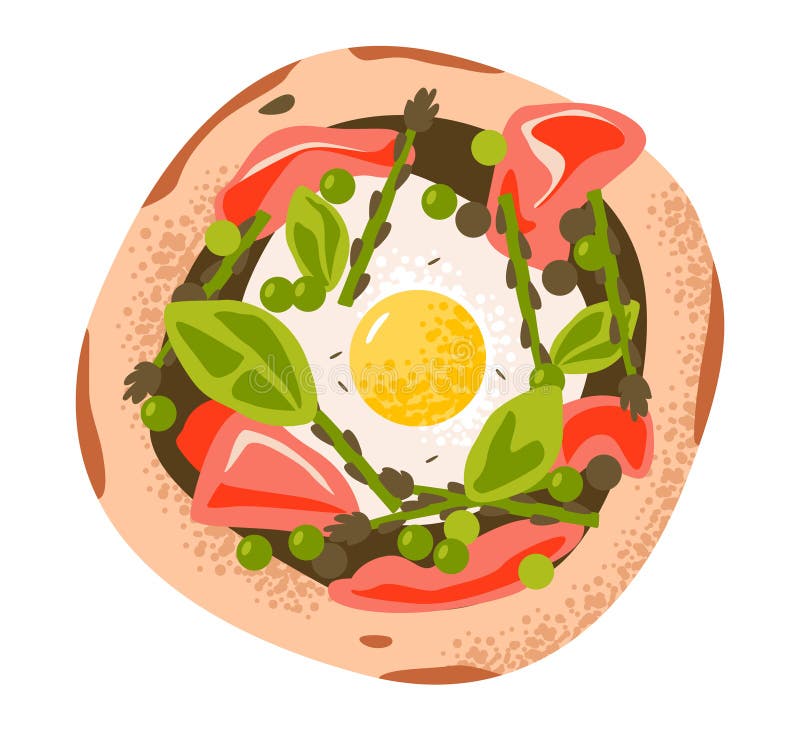 Pizza with Bacon, Fried Egg and Herbs, Top View. Flat Illustration ...