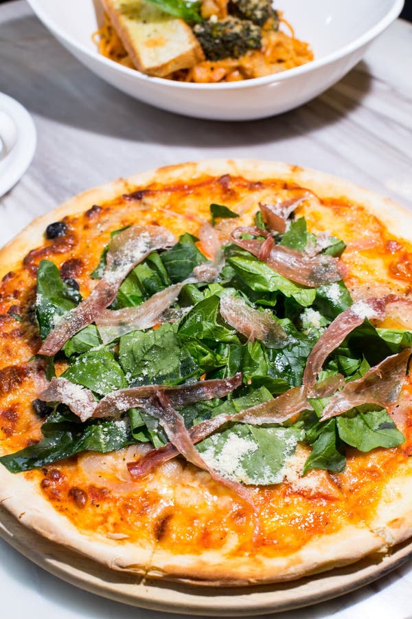 Pizza with Bacon and Herbs with Chinese Style on the Table Stock Image ...