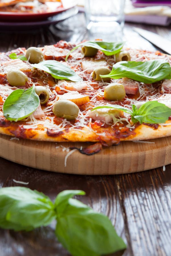 Pizza with Bacon, Tomatoes and Parmesan Cheese Stock Image - Image of ...