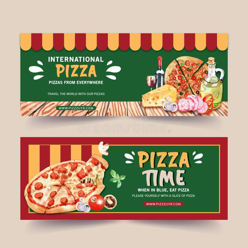 Pizza Banner Design with Cheese, Pizza Watercolor Illustration Stock ...