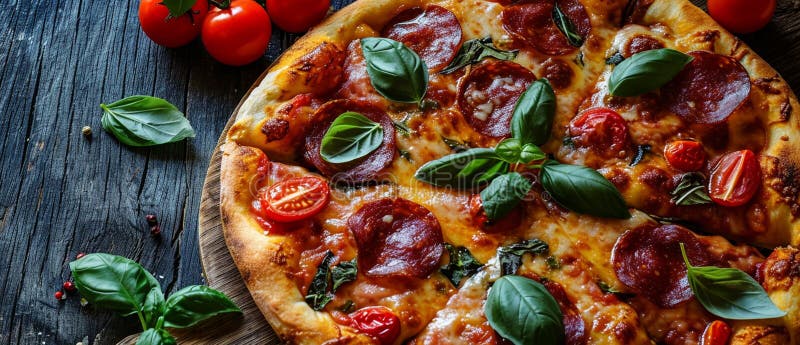 Pizza with Basil on a Board. Selective Focus Stock Illustration ...