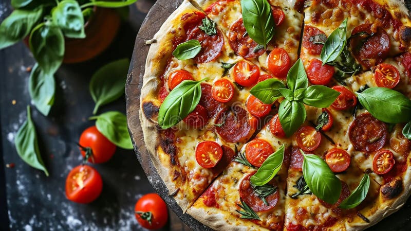 Pizza with Basil on a Board. Selective Focus Stock Photo - Image of ...