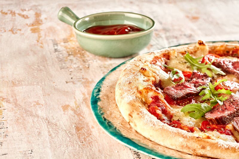 Pizza with Beef and Cheese Toppings with Sauce Stock Photo - Image of ...