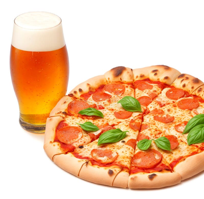 Pizza and Beer Isolated on White Background Stock Illustration ...