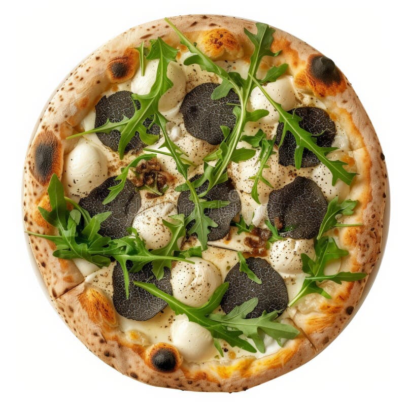 A Pizza with Black Truffle, Mozzarella, and Arugula, Isolated on White ...