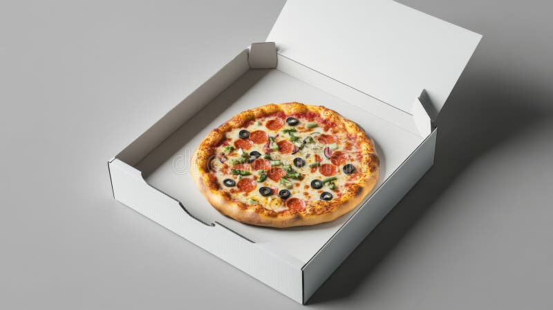 Pizza Box Containing a Freshly Baked Pizza with Various Toppings Ready ...