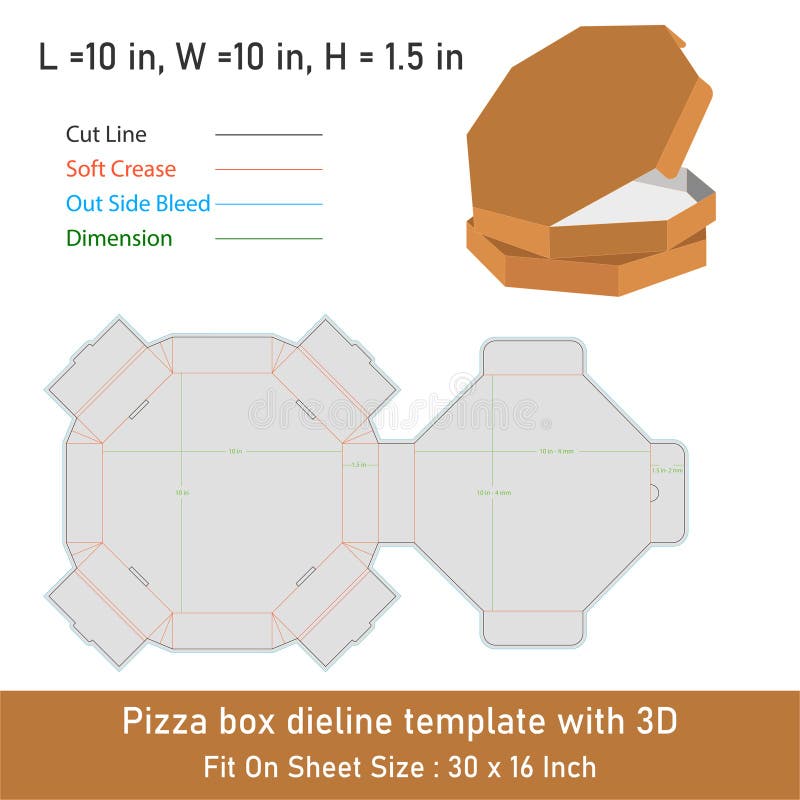 Pizza Box Dieline Template with 3D, Vector File Stock Vector ...