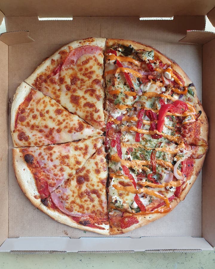 Pizza in Box with Half and Half Topping Stock Image - Image of ...