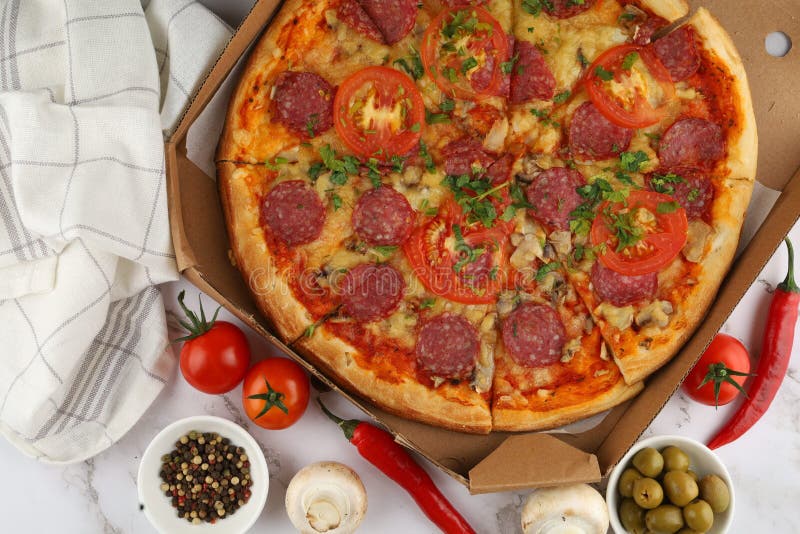 Pizza in Box Open. Pizza in the in Delivery Box Stock Image - Image of ...