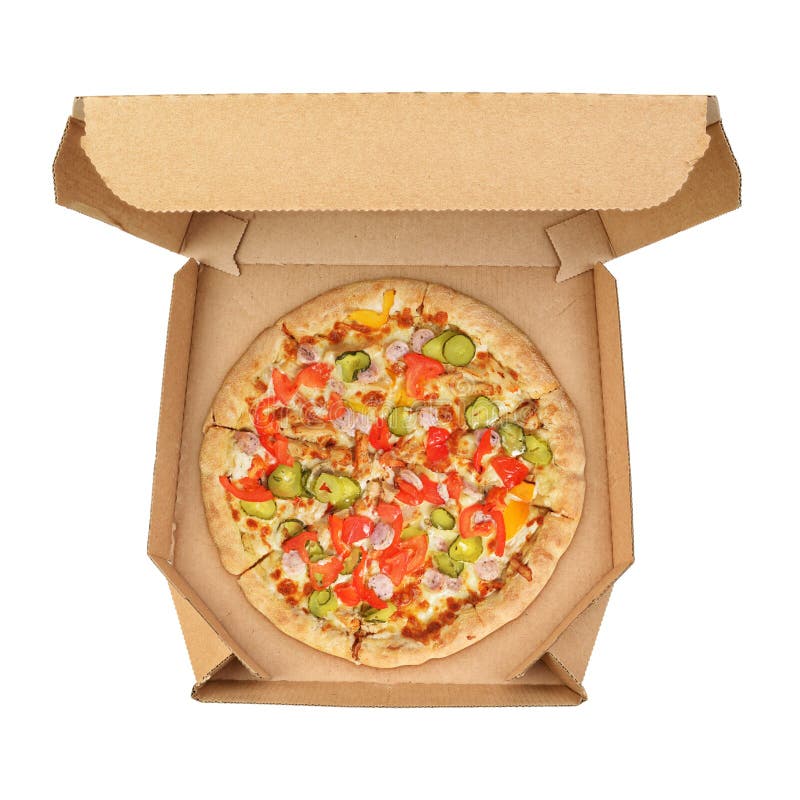 Pizza in Box with Sausage, Meat, Vegetables and Cheese Isolated on ...