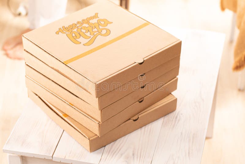Pizza Box, Stack, Brown, Front View. on the Dining Table Stock Photo ...