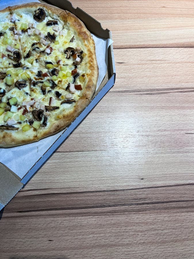 Pizza in a Box on the Table Stock Image - Image of indoors, working ...